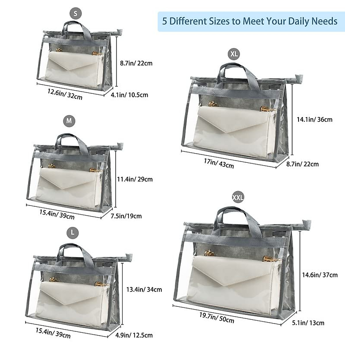 5 Sizes Clear Handbag Storage Organizer with Cozy Handle and Smooth Zipper, KMOTASUO Anti-dust Handbag Dust Cover Bag, Space-Saving Purse Storage Bag Organizer for Closet (Grey)