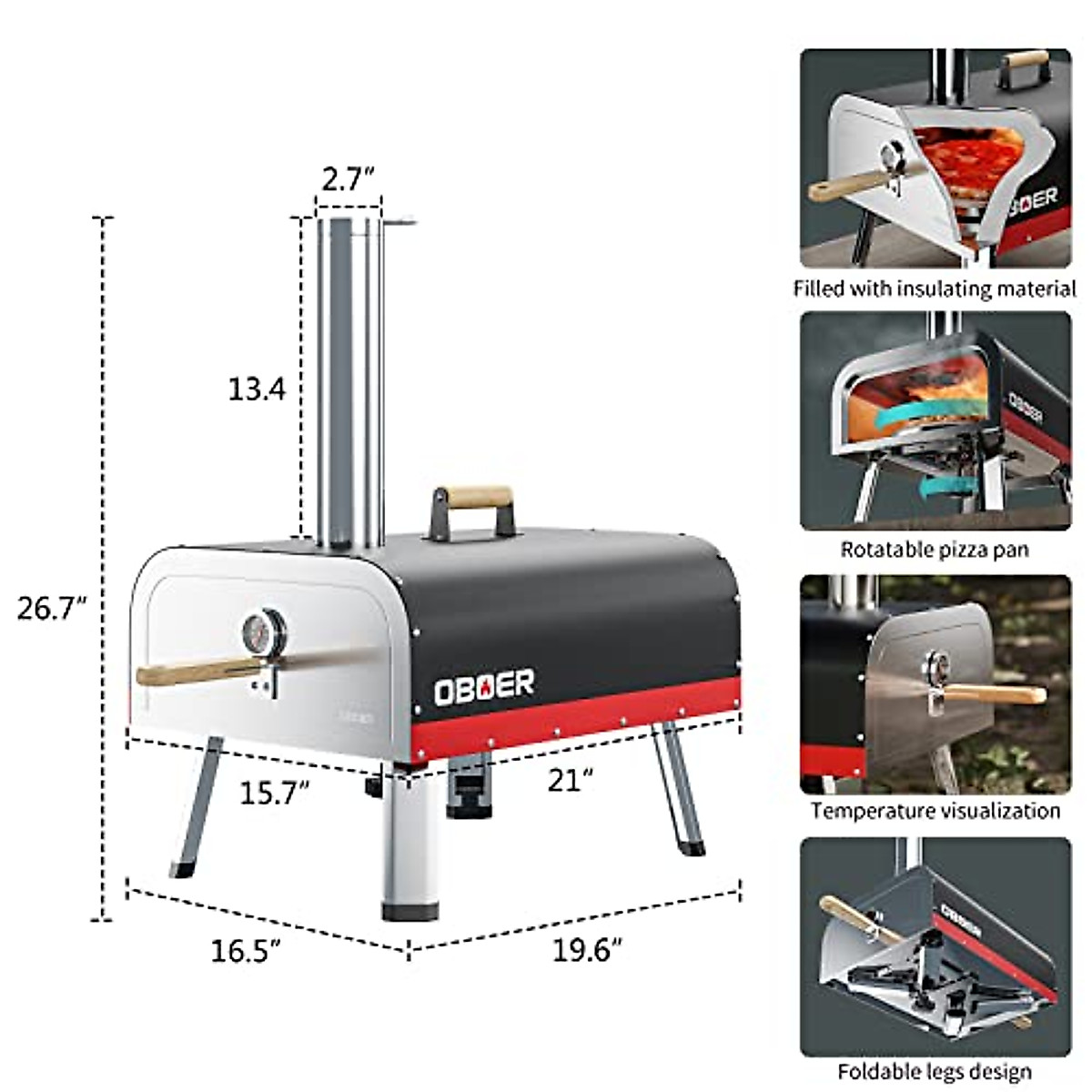 Pizza Oven, Obqer Portable Outdoor Pizza and Grill Oven Gas, Wood Fired Pizza Maker Stainless Steel Foldable Pizza Ovens with Gas Burner, Pizzas Peel, Stone,Scoop,Carry Cover Bag (Black)