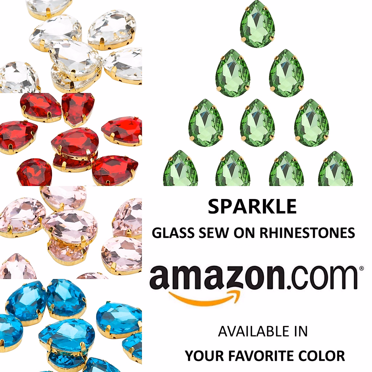 Choupee Sew On Rhinestone Tear Drop Crystal Rhinestones in Gold Setting 48 Pcs (Green, 13 X 18 MM)