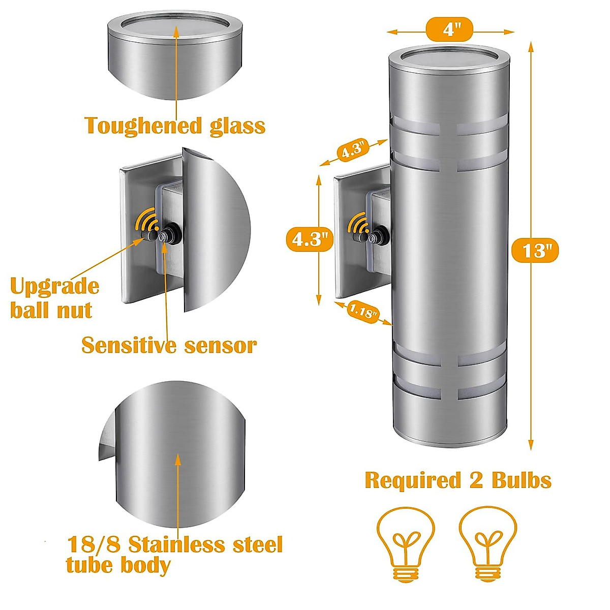 TENGXIN Outdoor Wall Light,Dusk to Dawn Modern Outdoor Wall Sconce with Stainless Steel Cylinder,Brushed Nickel Finsh Wall Mount Light,E26 Socket,IP65 Waterproof,UL Listed. ?Brushed Nickel ?