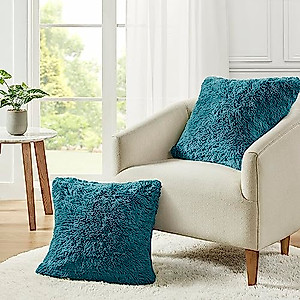 Hyde Lane Luxury Faux Fur Throw Pillow Covers | Soft Fluffy Fuzzy Cushion Cover | Plush Pillows Case for Couch Sofa Bed Aesthetic Room Decor, 18”x18”, 2 Pack, Teal