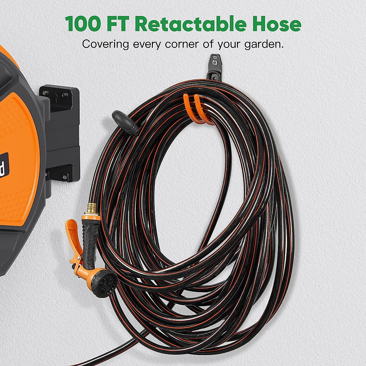 Retractable Garden Water Hose Reel Aihand 100ft x 1/2" Wall Mount Automatic Garden Hose Reels for Outside, Hose Reel Heavy Duty with 180° Swivel Bracket