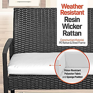 SereneLife 4 Piece Conversation/Chat Set, Outdoor Living Rattan Furniture, includes 1 Double & 2 Single Chairs with Cushion & 1 Glass-top Coffee Table, Black