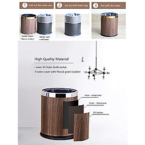 GohomeLoby Metal Trash Can, Double Cans Top Open Without Lid Waste Bin Hotel Office Wastebasket (Walnut Leather Silver Ring)