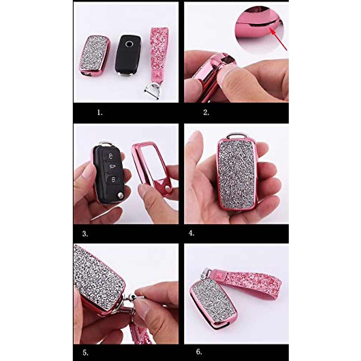 Royalfox(TM) 3 Buttons 3D Bling flip Folding Remote Key Fob case Cover for VW Volkswagen Jetta GTI Passat Golf Tiguan Touareg Beetle Multivan Sagitar Passat Accessories,with Keychain (Silver)