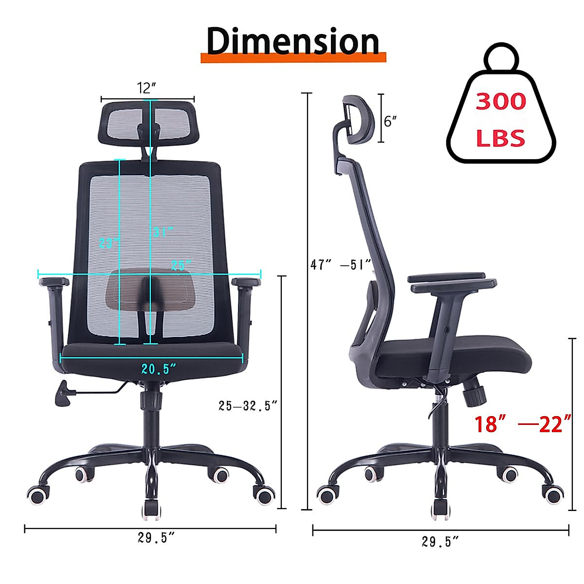 Whiterye Office Chair Lumbar Support Mesh Office Chair Swivel Desk Chair with Adjustable headrest and Armrest Ergonomic High Back Office Chair,Black.