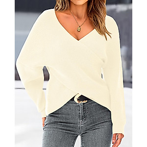 KIRUNDO 2024 Fall Winter Women's Long Sleeve Cross Wrap V Neck Knit Sweater Off Shoulder Backless Casual Pullover Tops(Apricot, Small)