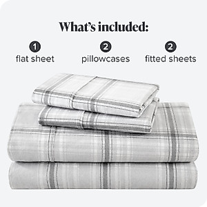 Bare Home Flannel Sheet Set Prints, 100% Cotton, Velvety Soft Heavyweight - Double Brushed Flannel for Extra Softness & Comfort - Deep Pocket - Bed Sheets (Split King, Tartan Plaid)