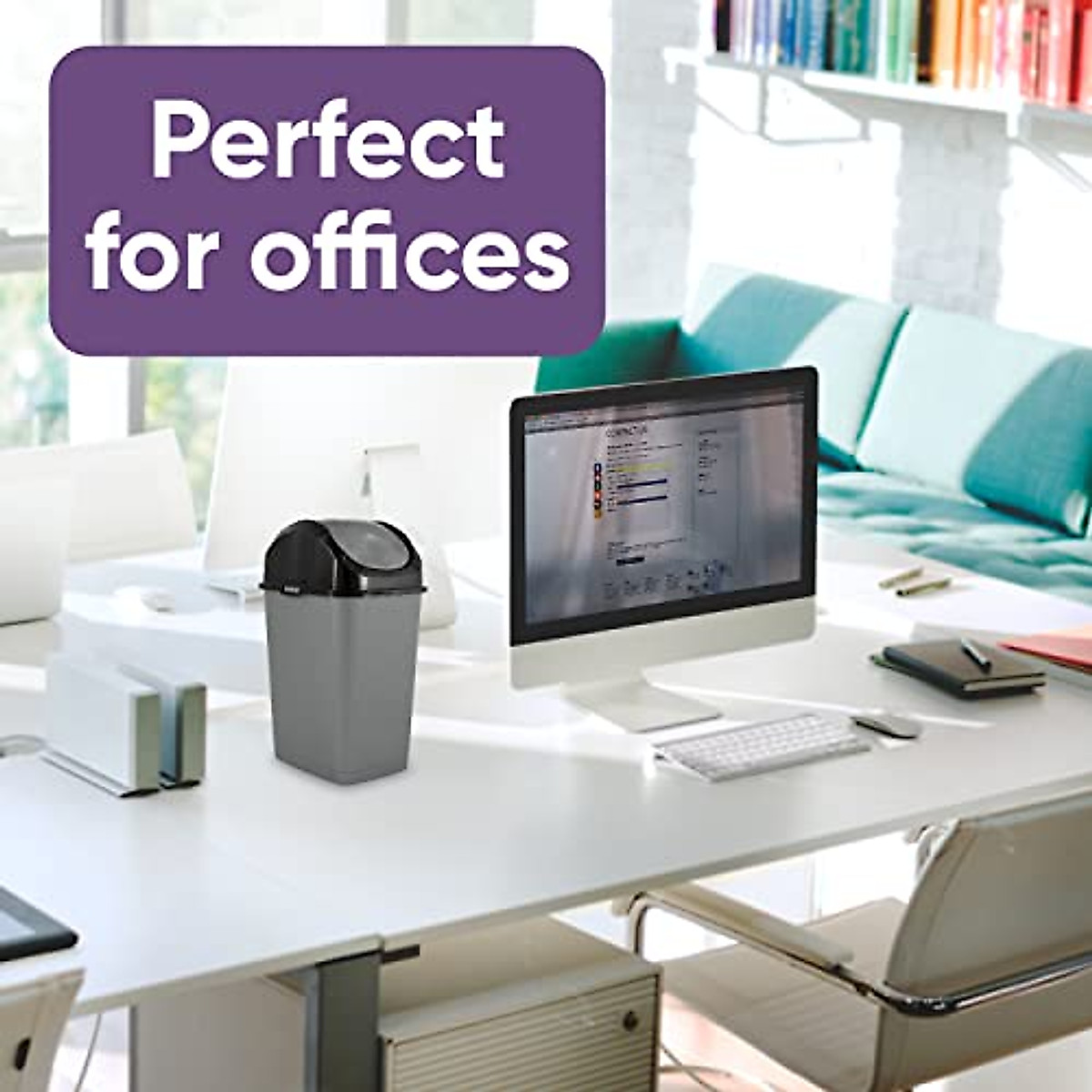 Superio Mini Plastic Trash Can with Swing Top Lid Grey/Black 1.25 Gal Small Waste Bin for Countertop, Desk, Vanity, Bathroom