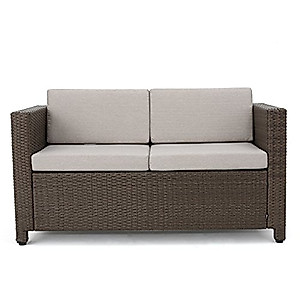 Christopher Knight Home Puerta Outdoor Wicker Loveseat with Cushions, Brown / Ceramic Grey Cushions