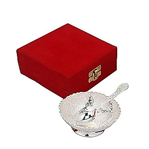 Rastogi Handicrafts Aluminium -Silver Plated Small Bowl Set with Spoon Size - 3.5 Inch Diameter Bowl, capacity -100 ml /3.38 OZ