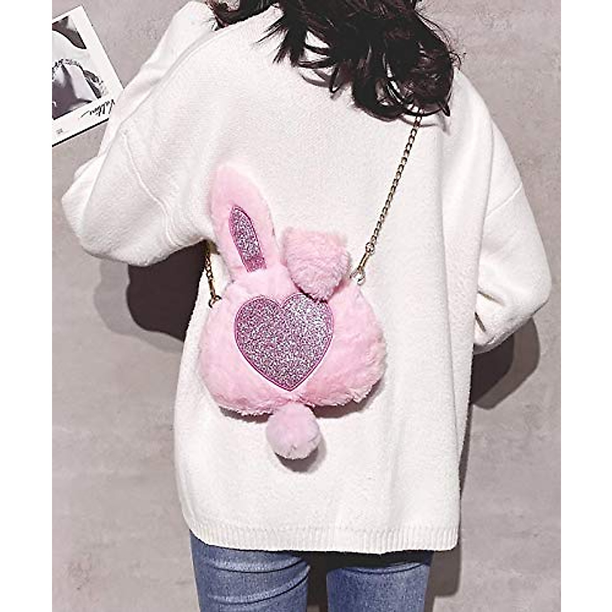 QZUnique Rabbit Shape Handbag Women's Lovely Plush Toy Crossbody Bag Rope Strap Shoulder Bag