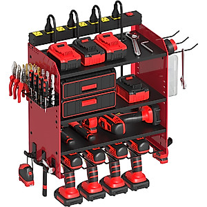 Modular Power Tool Organizer Wall Mount wtih Charging Station,Garage 4 Drill Holder Wall Mount with 8 Outlet Power Strip,Heavy Duty Tool Rack with Hooks,Screwdriver Rack in Workshop,Workbench