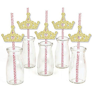 Gold Glitter Princess Crown Party Straws - No-Mess Real Gold Glitter Cut-Outs and Decorative Pink and Gold Princess Baby Shower or Birthday Party Paper Straws - Set of 24