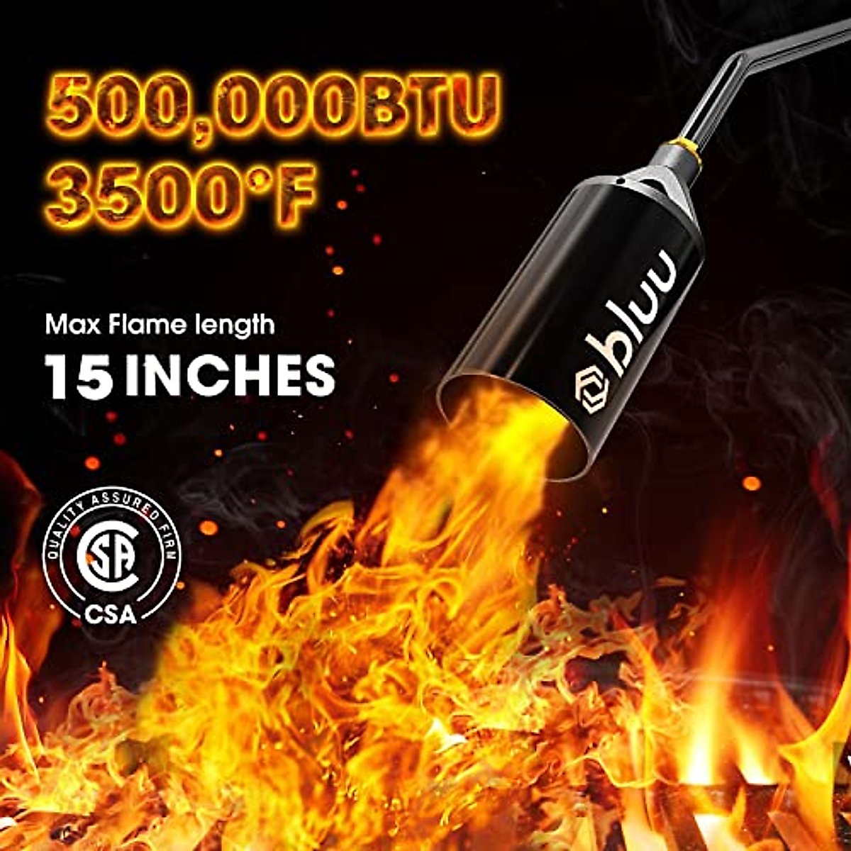 Bluu Propane Torch Weed Burner, CSA CERTIFIED High Output 500,000BTU with 10FT Hose, Flamethrower with Turbo Trigger & Electric Pulse Trigger Ignition, Blow Torch for Burning Weeds, Ice Snow