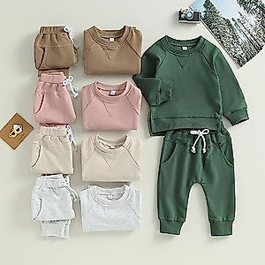 AEEMCEM Baby Boy Girl Clothes Toddler Fall Winter Outfits Solid Color Crewneck Sweatshirt and Jogger Pants Set (A-Beige, 2-3 Years)