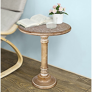 Wooden Pillar Round End Table, Modern Round Wooden Coffee Table, Living Room Rustic Side End Table for Magazines, Books, Plants & Perfect for Christmas Decoration -18x22 Inch White Wash