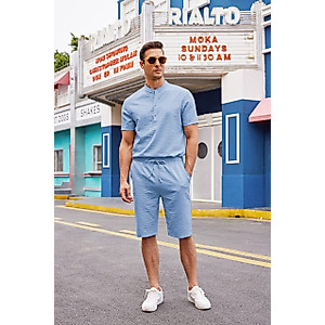 COOFANDY Men's 2 Pieces Linen Set Casual Henley Shirts Short Sleeve Beach Yoga Shorts Summer Pants Outfits