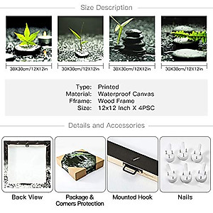 Artscope 4 Pieces Canvas Prints Wall Art - Green Leaf Raindrops and Stones Picture Painting- Modern Wall Artwork Framed for Bathroom Home Office Decor - 12 x 12 Inch