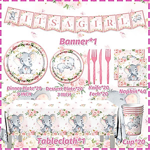 142Pcs Pink Elephant Baby Shower Decorations for Girl It's A Girl Plates and Napkins Set with Cups Forks Tablecloth and Banner Baby Girl Gender Reveal Decorations Pink Baby Shower Party Supplies