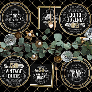 50th Birthday Party Supplies Paper Plates Napkins Cups Tablecloth Banner for Men Black and Gold 50th Birthday Decorations Serve 25