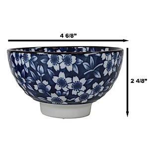 Ebros Gift Made in Japan Ming Style Blue And White Summer Floral Blossom Design 12oz Rice Soup Cereal Porcelain Bowls Set of 4 Home Decor Zen Asian Fusion Accent Housewarming Birthday Gifts Bowl Set