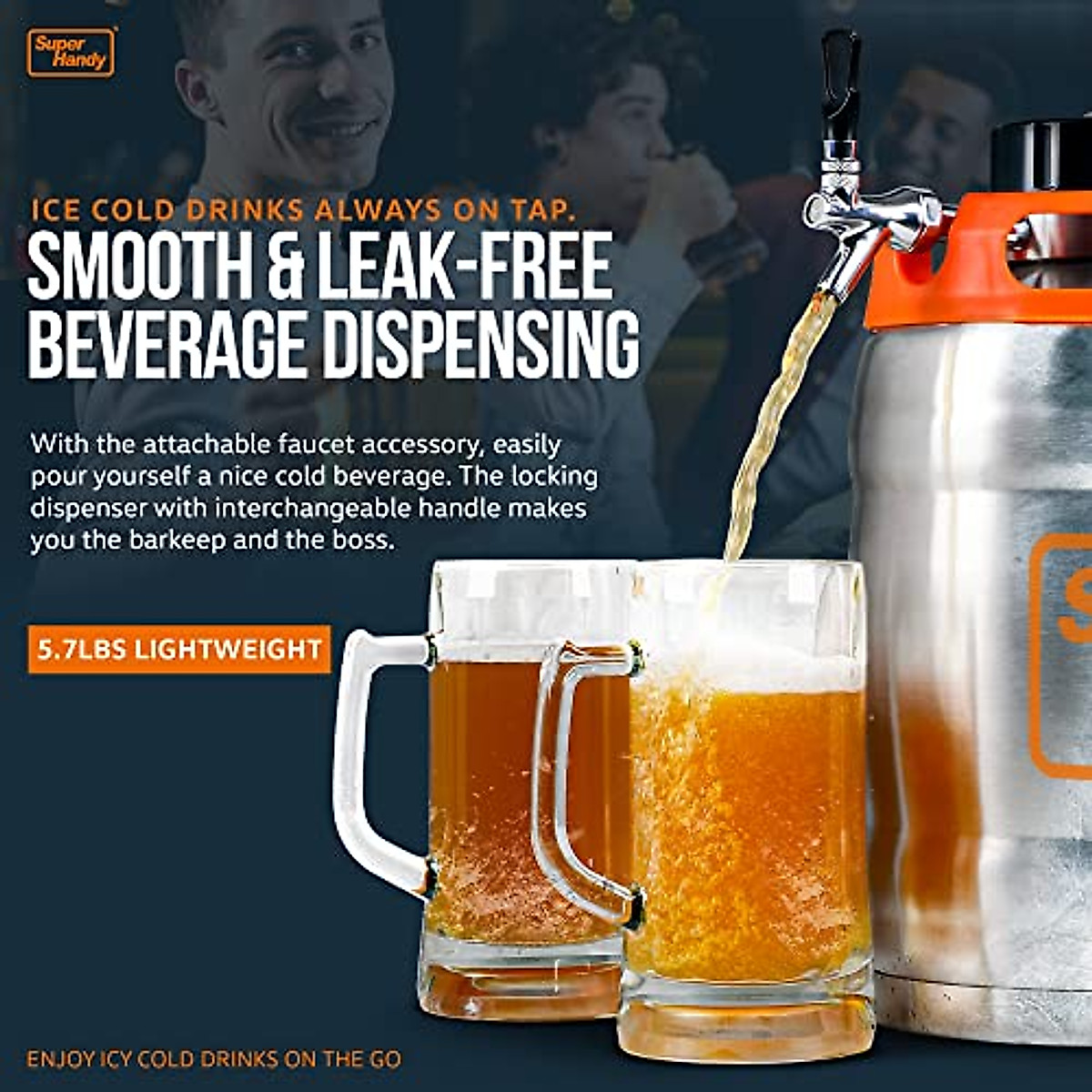 SuperHandy Beer Keg Growler (170 oz) Portable Carbonated Beverage Dispenser, PSI Regulator Cap, High-Capacity 1.3 Gal, Double-Wall Vacuum Insulation (CO2 Cartridges Included)