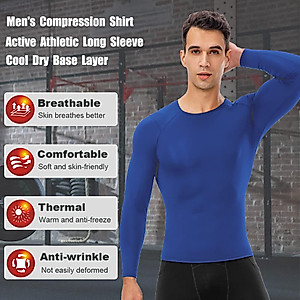 EARGFM Men's Athletic Long Sleeve Compression Shirts Active Running Workout Base Layer Elastic Sports Tops Cool Dry T-Shirts Blue