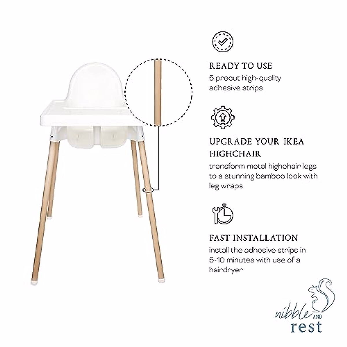 Nibble and Rest Highchair Decorative Leg Wraps, Bamboo Style, Compatible with IKEA Antilop Highchair, Includes 4 Pre-Cut Adhesive Strips