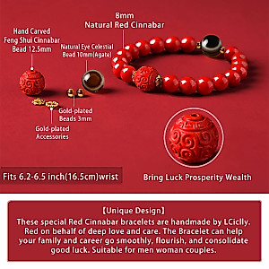 LCiclly Evil Eye Beaded Bracelet for Women, Feng Shui Wealth Bracelet Red Cinnabar Natural Crystal Onyx Relief Reiki Healing Stone Original Double Protection Red Strand Bracelet Bring Luck Prosperity