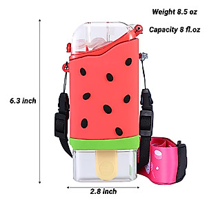 Lipitaley Cute Water Bottle for Kids, Unique Ice Cream Shape water cup, Kawaii Popsicle Shaped Plastic Kettle with Straw, Adjustable Shoulder Strap, BPA free, Leakproof, 8oz, Watermelon