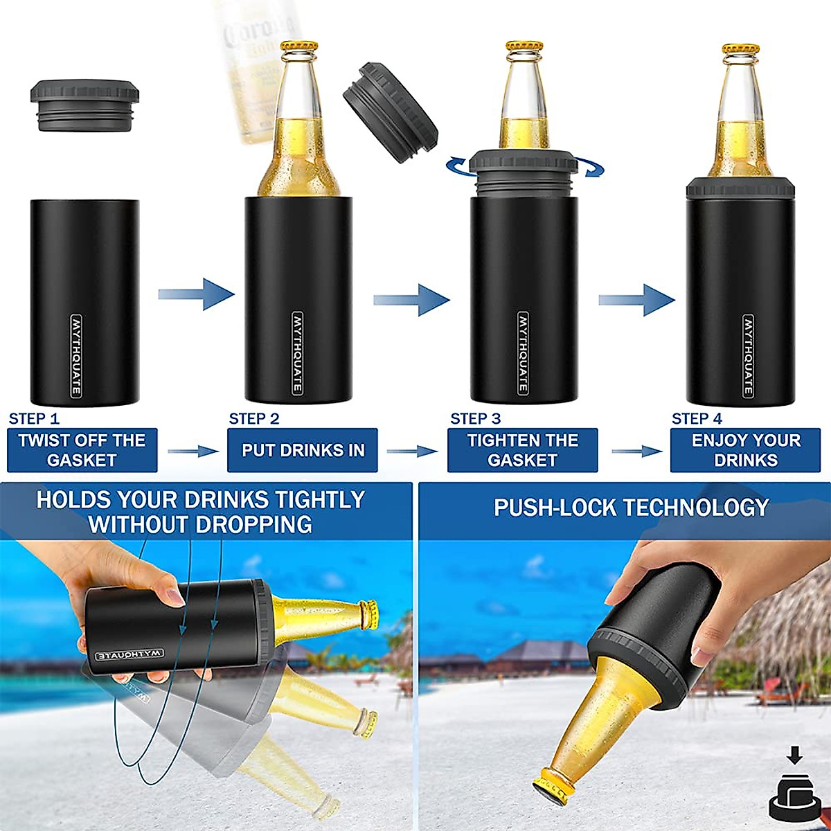 3 in 1 Slim Can Cooler for 12 OZ Skinny Can, Regular Can & Beer Bottle - Keep Cold for 6 Hours - Double Walled Insulated Stainless Steel Vacuum Beverage Can Insulator (Matte Black)