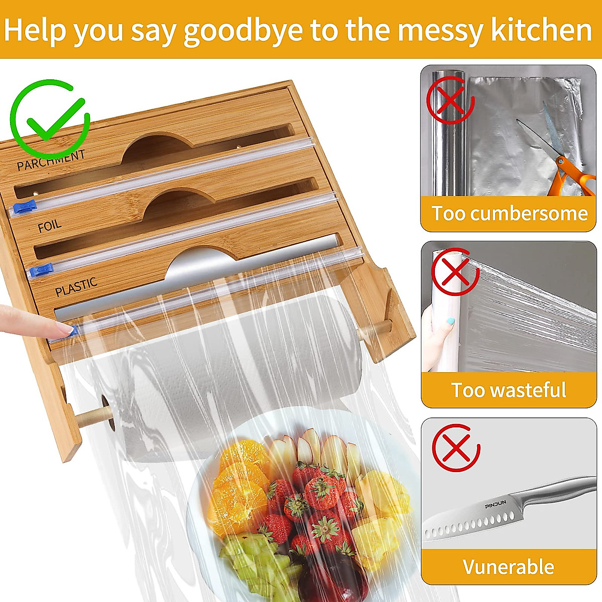 4in1 Foil and Plastic Cling wrap Organizer Dispenser with Cutter，Aluminum foil , Wax Paper Dispenser for Kitchen Drawer Storage , Hangable Roll Organizer Holder, Compatible with 12" Roll