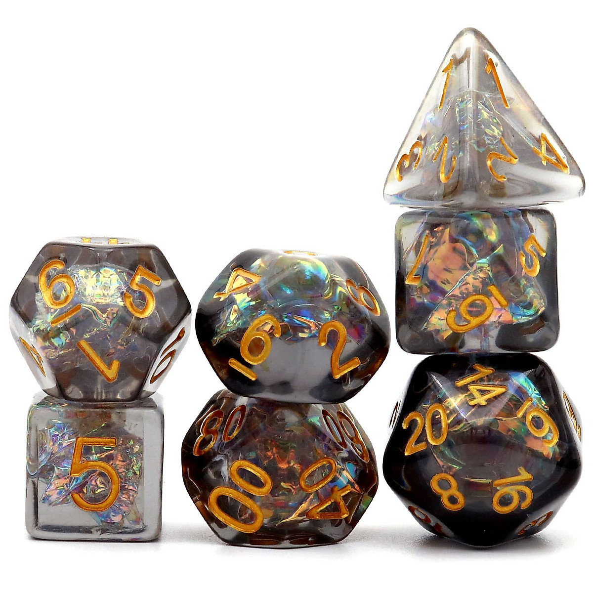 Haxtec Black DND Dice Set 7PCS Filled Resin Polyhedral D&D Dice W/Iridescent Mylar Inclusion Role Playing Dice Dungeons and Dragons Gift