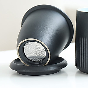 TEANAGOO Ceramic Tea Mug with Infuser and Lid & Matching Tea Canister, 2 Pcs/Set with Luxury Leather Bag, Best Gift Choice for Tea Lover, 12 Oz, Q9, Black, Stoneware Glazed & Rosewood Handle.