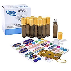 Essential Oil Bottle Kit - Includes: 10x Amber Brown Essential Oil Bottle (1/3 oz - 10 ml), 1x Tool for Opening/Sealing Bottles, 78x Label (4 Sizes), 1x Mini Dropper + 1x Mini Funnel for Easy Filling