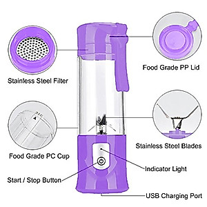 Portable Blender for Shakes and Smoothies USB Rechargeable Travel Juicer Cup Electric Mini Personal Size Blenders Frozen Fruit Ice Mixer Baby Food Mixing Machine with 6 Blades for Sports Travel and Outdoors 13.5oz (Purple)