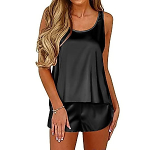 Ekouaer Womens Satin Pajamas Set Back Split Top and Shorts Silk Pj Set Tank Sleepwear S-XXL A-black