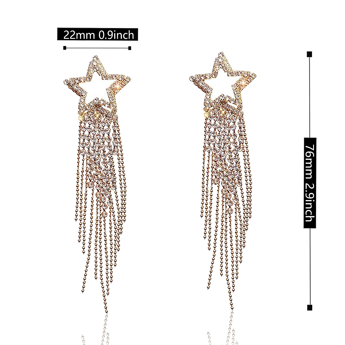 GUOXIAOMEI Bling Women Tassel Earrings Star Ear Stud Pave Crystal Dangle Earrings Boho Waterfall Beaded Fringe Drop Earring (Gold)