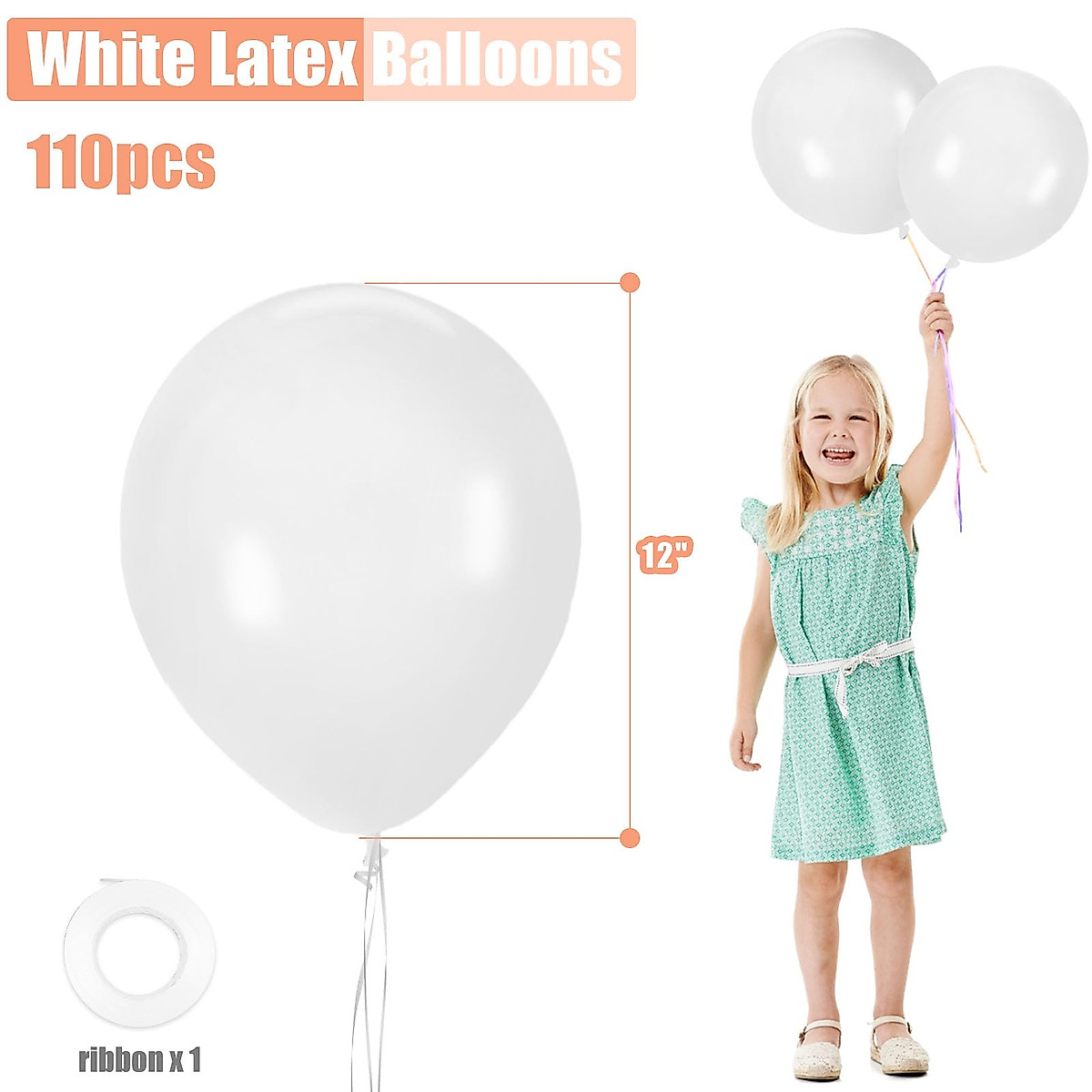 AMOR PRESENT 110PCS White Latex Balloons 12inch, Helium Balloons Party Balloons Arch with Ribbon for Birthday Baby Shower Wedding Party Decorations