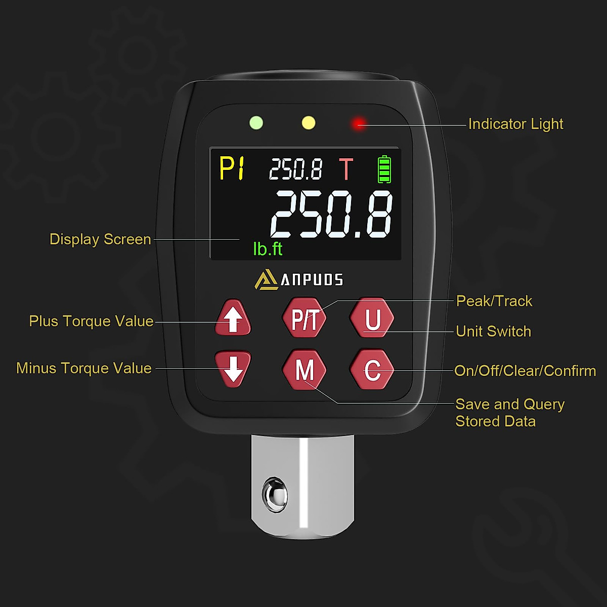 ANPUDS 1/2" Digital Torque Adapter, 12.5-250.8 Ft-lb/17-340 Nm, Digital Torque Wrench Converter with ±1% Accuracy, Preset Value, Data Storage, Buzzer & LED Indicators, 3/8'' & 1/4'' Adapters for Car