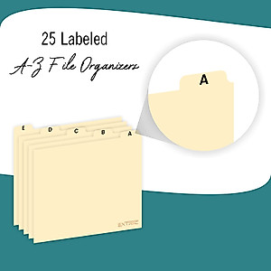 Alphabetical File Organizer, File Cabinet Dividers Letter Size, 25 Heavyweight Manila Guides A-Z Dividers with Tabs, 1/5 Cut Tab Positions Filing Cabinet and Desk Organizer
