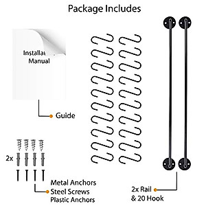 Wallniture Cucina 24" Gourmet Kitchen Rail Wall Mount Kitchen Utensil Holder with 10 S Hooks for Hanging Pots and Pans Set of 2, Black