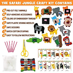 CiyvoLyeen Safari Jungle Animals Sewing Craft Kit DIY Kids Craft and Sew Set for 7 8 9 10 11 12Girls and Boys Educational Beginners Sewing Stuffed Animal Felt Plush Ornaments Set of 14