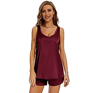 MOYEE Women Silk Pajama Set Soft Satin V Neck Tank Top and Shorts 2 Piece lounge Sets with Pockets(Wine Red, Large)