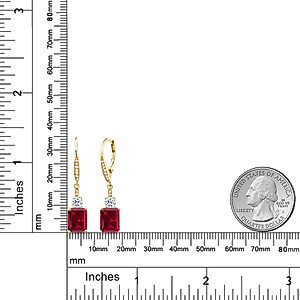 Gem Stone King 18K Yellow Gold Plated Silver Red Created Ruby and White Topaz Dangle Earrings For Women (6.26 Cttw, Gemstone July Birthstone, Emerald Cut 9X7MM)