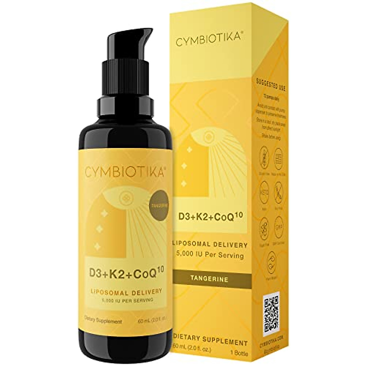 CYMBIOTIKA Vitamin D3 + K2 + CoQ10 Liquid, Vitamin D Supplement for Immune Support, Heart Health & Bone Health, Energy Booster, Liposomal Delivery, Vegan, Keto Ingredients, Tangerine Flavor