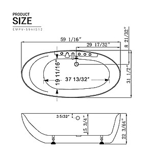 Empava 59 in. Acrylic Freestanding Tub Hydromassage Gracefully Oval Shaped Whirlpool 7 Water Jets Soaking SPA, Double-Ended Massage Bathtub with Black Pillow , White