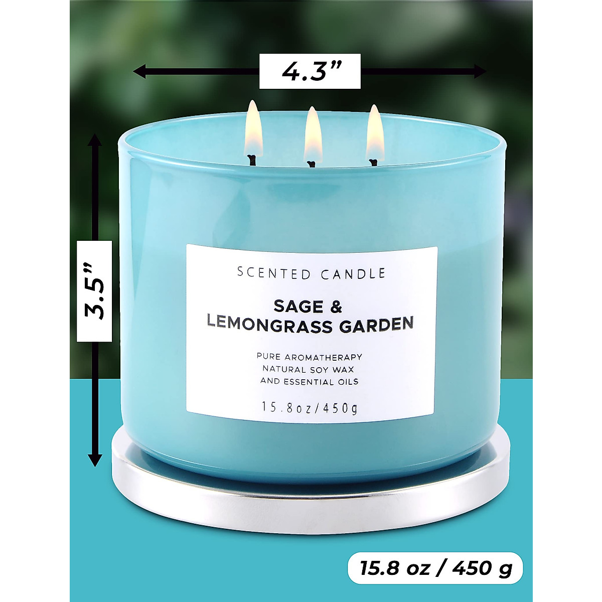 Sage Lemongrass Garden Scented Candle | Refreshing Lemongrass Candle for House Cleansing | Natural 3 Wick Soy Candle 15.8 oz | Aromatherapy Relaxing Candle for Women & Men | Clean Burn Scented Candle
