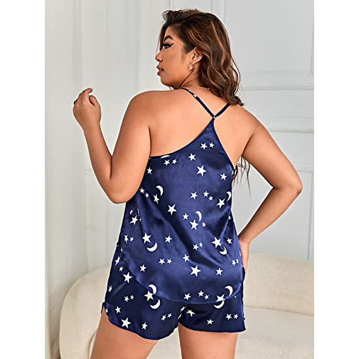 MakeMeChic Women's Plus Size 2 Piece Satin Pajamas Star Moon Print Silk Cami Top Shorts Pj Set Sleepwear Navy Blue 1XL